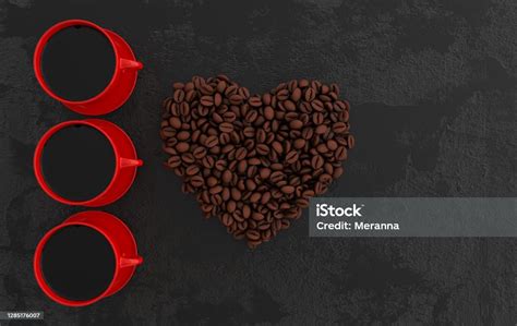 커피 한 잔과 사실적인 커피 콩 하트 플랫 레이 3d 렌더링 배경 커피 콩의 질량을 닫습니다 가득 찬에 대한 스톡 사진 및 기타 이미지 Istock