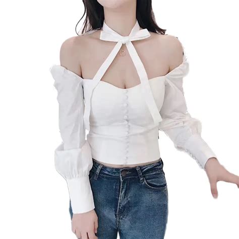 2017 Vintage Lantern Sleeve Blouse Solid Sexy Halter Strapless Backless