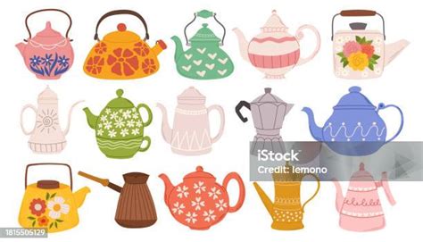 찻주전자 컬렉션 기발하고 다양한 그릇 세트 모양과 색상의 배열을 자랑 벡터 일러스트 레이 션 티포트에 대한 스톡 벡터 아트 및 기타 이미지 Istock