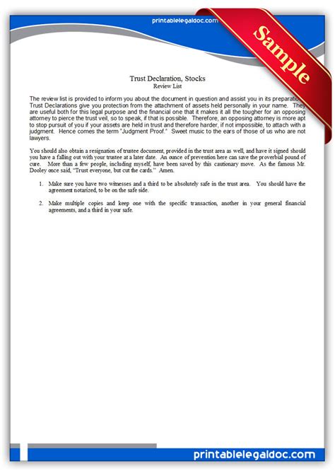 Free Printable Trust Declaration Stocks Form Generic