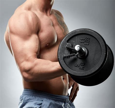 Biceps Curl With Dumbbell On Grey Background Stock Image Image Of Biceps Muscles 72455115