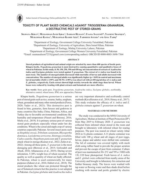 Pdf Toxicity Of Plant Based Chemicals Against Trogoderma Granarium A Destructive Pest Of