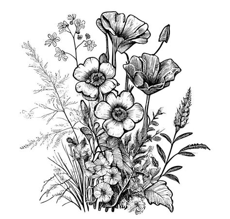 Wildflowers Hand Drawn Sketch In Doodle Style Stock Vector