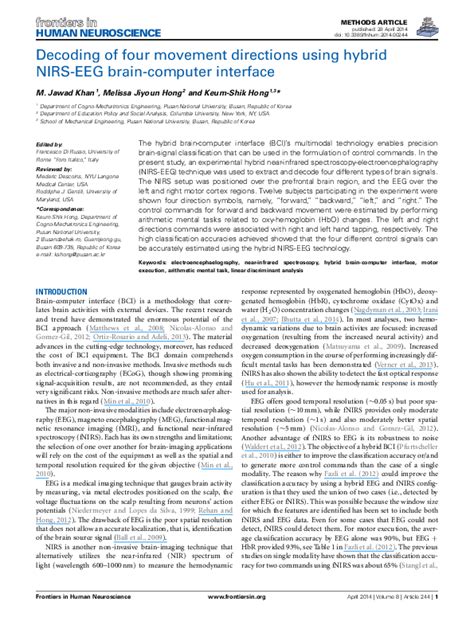Pdf Decoding Of Four Movement Directions Using Hybrid Nirs Eeg Brain Computer Interface