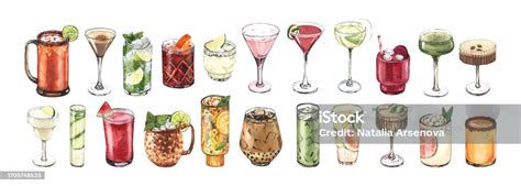 수채화 칵테일 잔 세트 마티니 진 와인 마가리타 잔 주류 럼주 손으로 그린 그림은 흰색 배경에 분리되어 있습니다 알코올 음료가 들어간 레시피 목록 카페에 딱 맞습니다 개체
