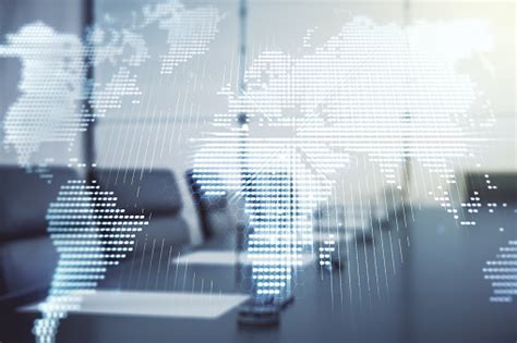 현대 가구가 비치된 사무실 인테리어 배경 연결 및 커뮤니케이션 개념에 대한 추상그래픽 월드 맵 홀로그램의 멀티 노출 아프리카에 대한 스톡 사진 및 기타 이미지 Istock