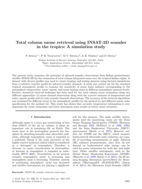 Pdf Total Column Ozone Retrieval Using Insat 3d Sounder In The