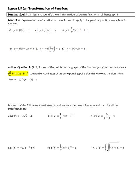 Lesson 1 8 Transformation Of Functions Lesson 1 A Transformation Of Functions Learning