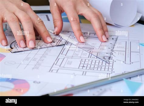 Hands Use Pencil With A Protractor Architectural Project Drawings With Tools Architects