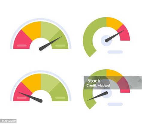 게이지 전력 수준 표시기 벡터 아이콘 또는 속도계 신용 점수 대시 보드 측정 높고 낮은 나쁜 또는 좋은 벤치 마크 그래픽 컬러 평면 디자인 기압계 속도계 Ui 요소 세트