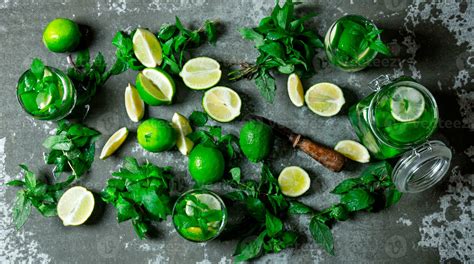 Large Table With Ingredients For Making Mojitos Lime Mint Leaves