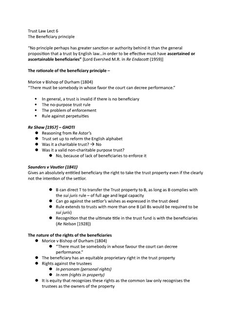 Trust Law Lect 6 Lecture Notes 6 Trust Law Lect 6 The Beneiciary