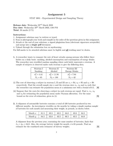 Assignment 5 Stat3001 2023 Assignment 5 Stat 3001 Experimental Design And Sampling Theory