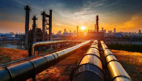 Oil Refinery And Pipeline Complex At Sunset Stock Illustration