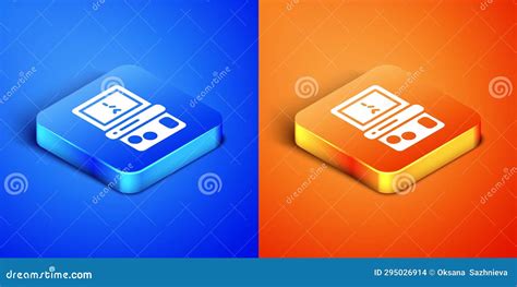 Isometric Portable Tetris Electronic Game Icon Isolated On Blue And Orange Background Vintage