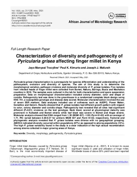 Pdf Characterization Of Diversity And Pathogenecity Of Pyricularia