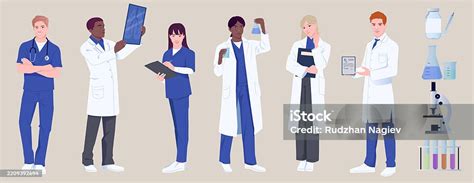 의료 종사자 집합입니다 제복을 입은 남녀 의사 치료사 간호사가 환자의 건강 검진을 실시하고 치료를 지시합니다 플랫 벡터 일러스트 레이 션 간호사에 대한 스톡 벡터 아트 및