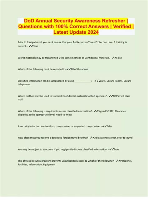 DoD Annual Security Awareness Refresher Questions With Correct Answers Verified