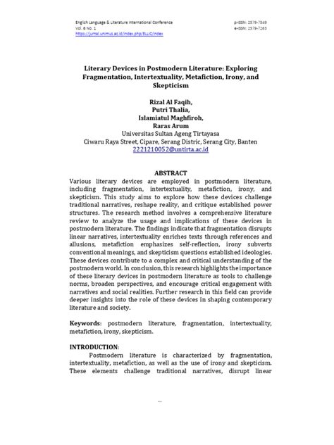 Literary Devices In Postmodern Literature Exploring Pdf Postmodern Literature Postmodernism