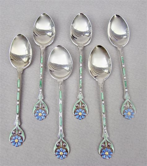 Rare Cased Set Of Six Art Deco Forget Me Not Guilloche Enamel Coffee