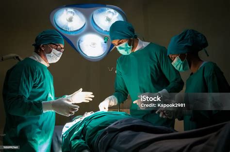병원에 조명 장비가 있는 밝은 현대식 수술실에서 외과 수술을 수행하는 전문 의사와 팀 20 24세에 대한 스톡 사진 및 기타 이미지 20 24세 30 34세 50