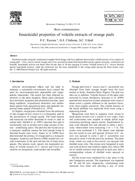 Pdf Insecticidal Properties Of Volatile Extracts Of Orange Peels