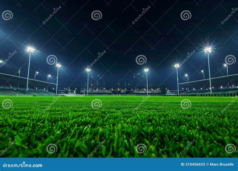 Empty Grass Field And Illuminated Outdoor Soccer Stadium Ai Generated