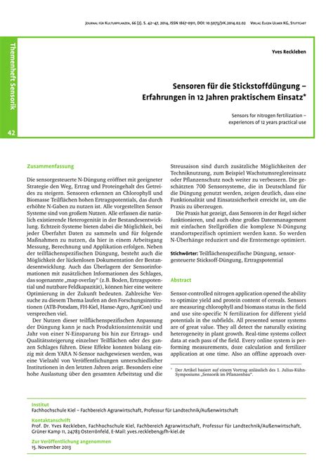 Pdf Sensors For Nitrogen Fertilization Experiences Of 12 Years Practical Use
