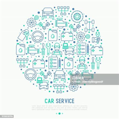 자동차 정비공 컴퓨터 진단 도구 휠 배터리 전송 잭의 얇은 선 아이콘 원에서 서비스 개념 현대 벡터 일러스트 레이 션 배너 웹