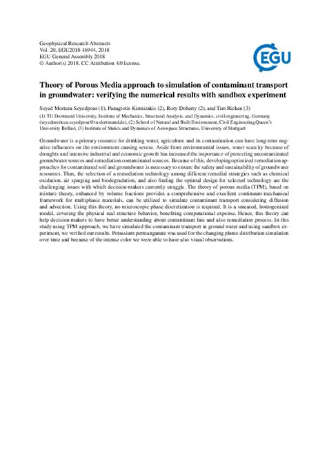 Pdf Theory Of Porous Media Approach To Simulation Of Contaminant Transport In Groundwater