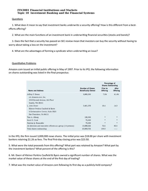 FIN Tutorial Questions FIN Financial Institutions And Markets Topic Investment