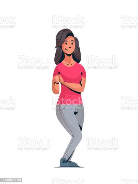 매력적이 고 행복 한 여자 보여주는 기쁨 제스처 쾌활 한 여자 서 포즈 여성 만화 캐릭터 전체 길이 평면 흰색 배경 수직 개념에 대한 스톡 벡터 아트 및 기타 이미지