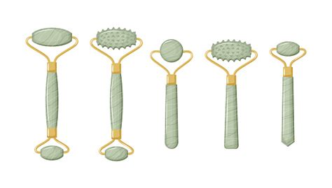 얼굴 마사지를 위한 옥 롤러 컬렉션 옥 페이셜 롤러 중국 괄사 마사지 피부 관리 및 아침 루틴 플랫 스타일의 벡터 그림입니다 노화에 대한 스톡 벡터 아트 및 기타 이미지