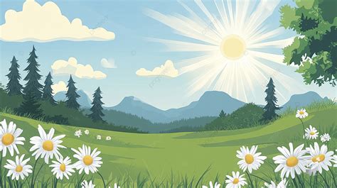 맑은 빛 하늘 배경으로 푸른 잔디 초원에 데이지 데이지 초록 잔디 배경 일러스트 및 사진 무료 다운로드 Pngtree
