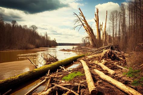 Flood In Forest District With Felled Trees And Tree Trunks Flood Consequences Stock Illustration