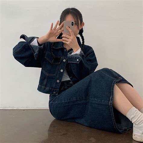 쿠리 루즈핏 크롭 청자켓 데님 롱 스커트 set 봄신상 투피스 청치마 청청패션 캠퍼스룩 봄코디
