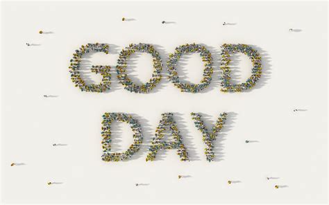 흰색 배경에 소셜 미디어와 지역 사회 개념에 좋은 날 문자 텍스트를 형성하는 사람들의 큰 그룹 위에서 군중 그림의 3d 기호가 함께 모여 3차원 형태에 대한 스톡 사진 및