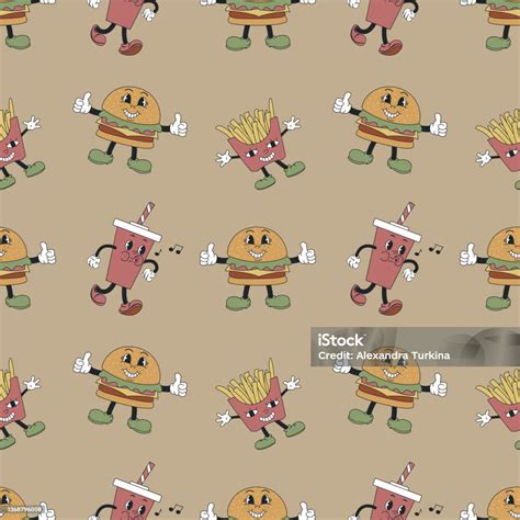 감자 튀김 햄버거 탄산음료가 어활한 패턴 복고풍 마스코트 캐릭터 티셔츠 프린트 포스터 및 기타 용도에 대한 플로트 벡터