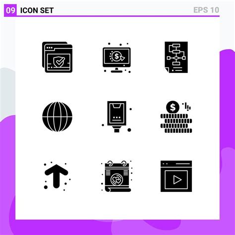 Editable Vector Line Pack Of 9 Simple Solid Glyphs Of Advertising Globe Business Global Strategy