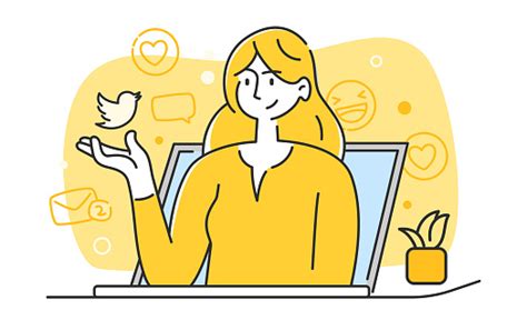 웃는 여자가 노트북에서 나와서 소셜 미디어 이모티콘 아이콘이있는 아이콘처럼 들고있는 그림 소셜 미디어 마케팅 및 잠재 고객 증가 디지털 광고 벡터 일러스트 레이 션 개념