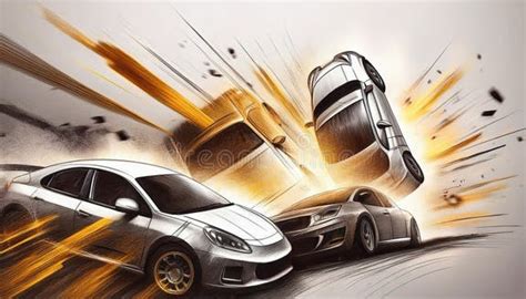 Conceptual Sketch Of A Dynamic Collision Between Two Cars Captured In Black And White Stock