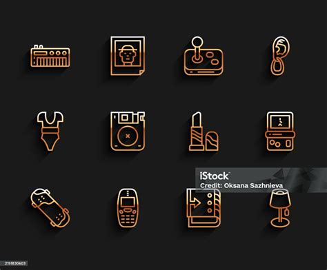 세트 라인 스케이트 보드 트릭 오래 된 휴대 전화 음악 신디사이저 사운드 믹서 컨트롤러 플로어 램프 플로피 디스크 테트리스 및 립스틱 아이콘 벡터 0명에 대한 스톡 벡터