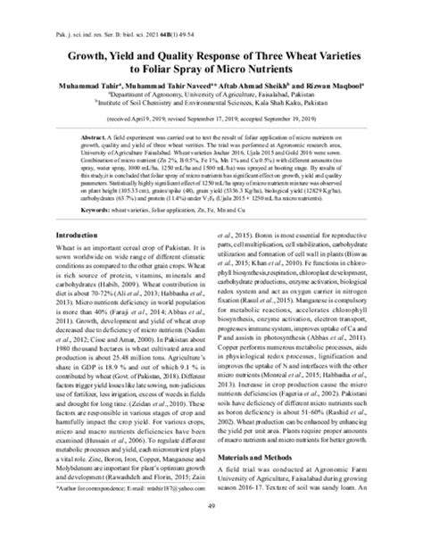 Pdf Growth Yield And Quality Response Of Three Wheat Varieties To Foliar Spray Of Micro Nutrients