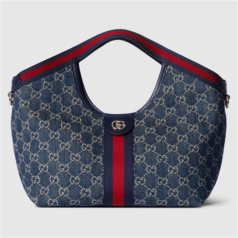Gucci Giglio Small Tote Bag In Blue And White Gg Denim Gucci® It