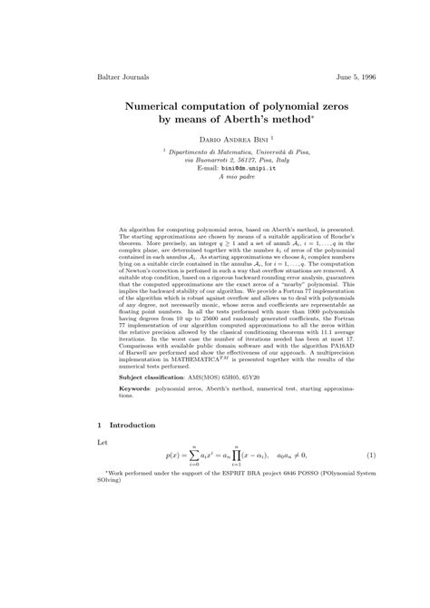 Pdf Numerical Computation Of Polynomial Zeros By Means Of Aberths Method