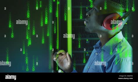 Image Of Binary Coding Over African American Male It Engineer And
