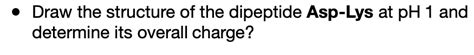 Solved Draw The Structure Of The Dipeptide Asp Lys At Ph 1 And Determine Its Overall Charge