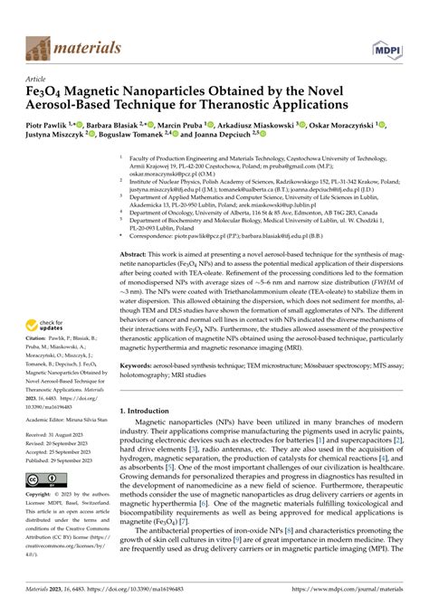 Pdf Fe3o4 Magnetic Nanoparticles Obtained By The Novel Aerosol Based Technique For Theranostic
