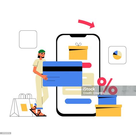 신용 카드와 스마트 폰으로 온라인 쇼핑하는 여자 평면 벡터 일러스트 레이 션은 디지털 쇼핑 할인 및 전자 상거래를 상징 흰색 배경에 고립되어 있습니다 지불에 대한 스톡 벡터