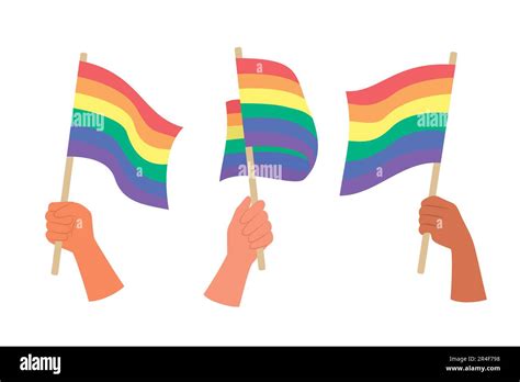 Set Of Hands Holding Lgbt Rainbow Flags For Gay Pride Concept